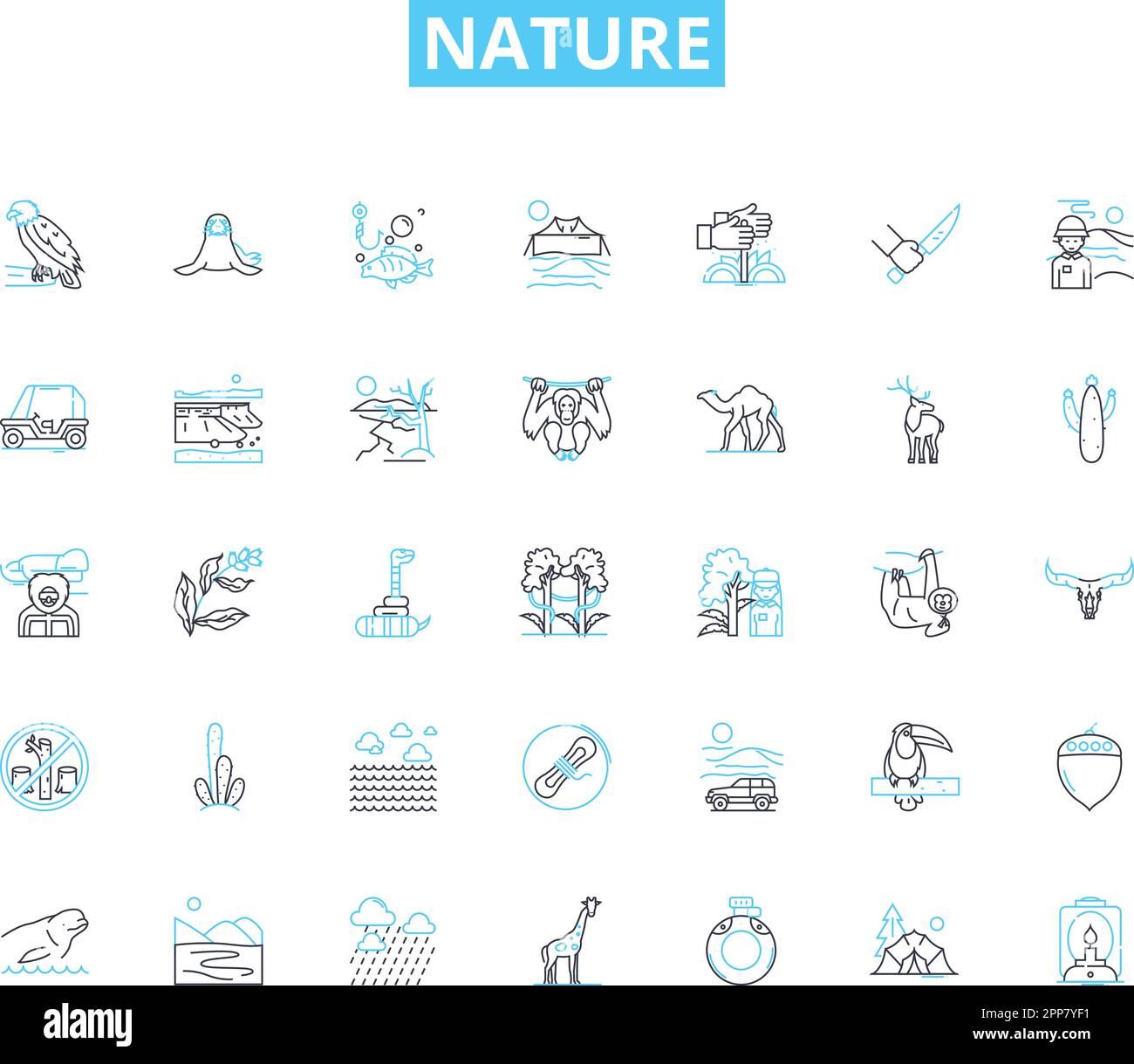 Nature linear icons set. Forest, Mountain, River, Ocean, Lake, Sky ...