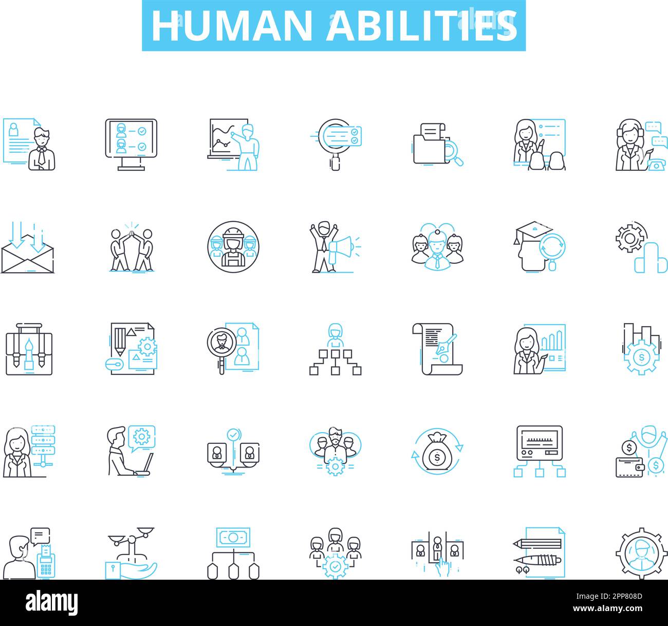Human abilities linear icons set. Resilience, Creativity, Intelligence ...