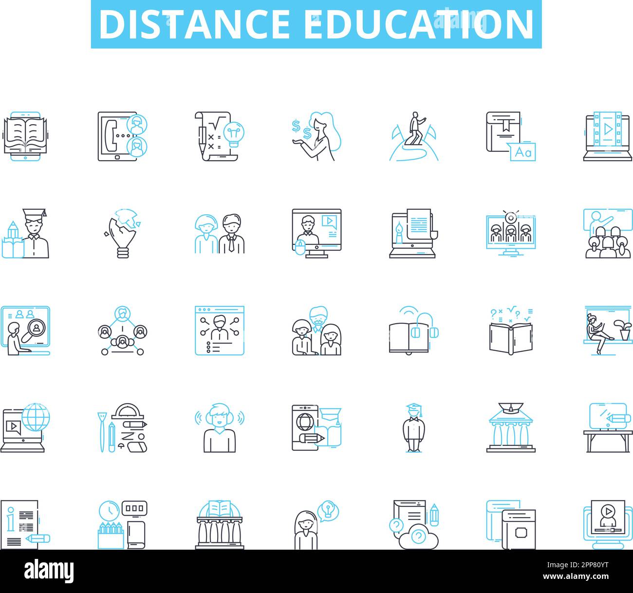 Distance education linear icons set. E-learning, Online, Digital ...