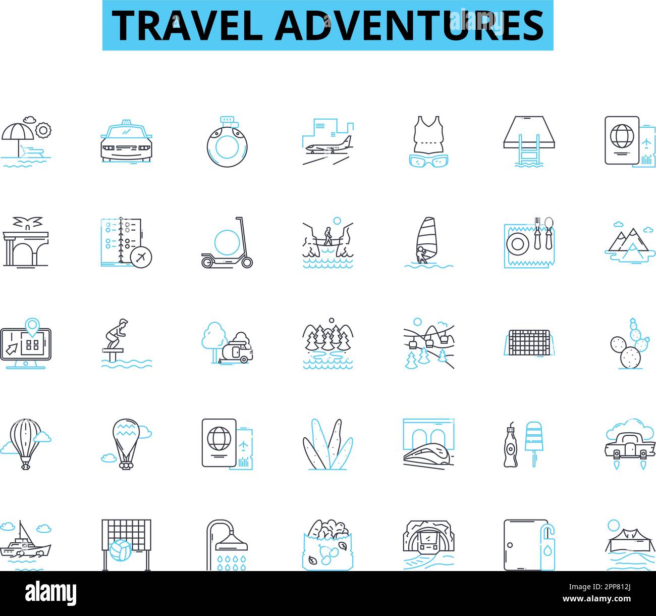 Travel adventures linear icons set. Exploration, Expedition, Journeys ...