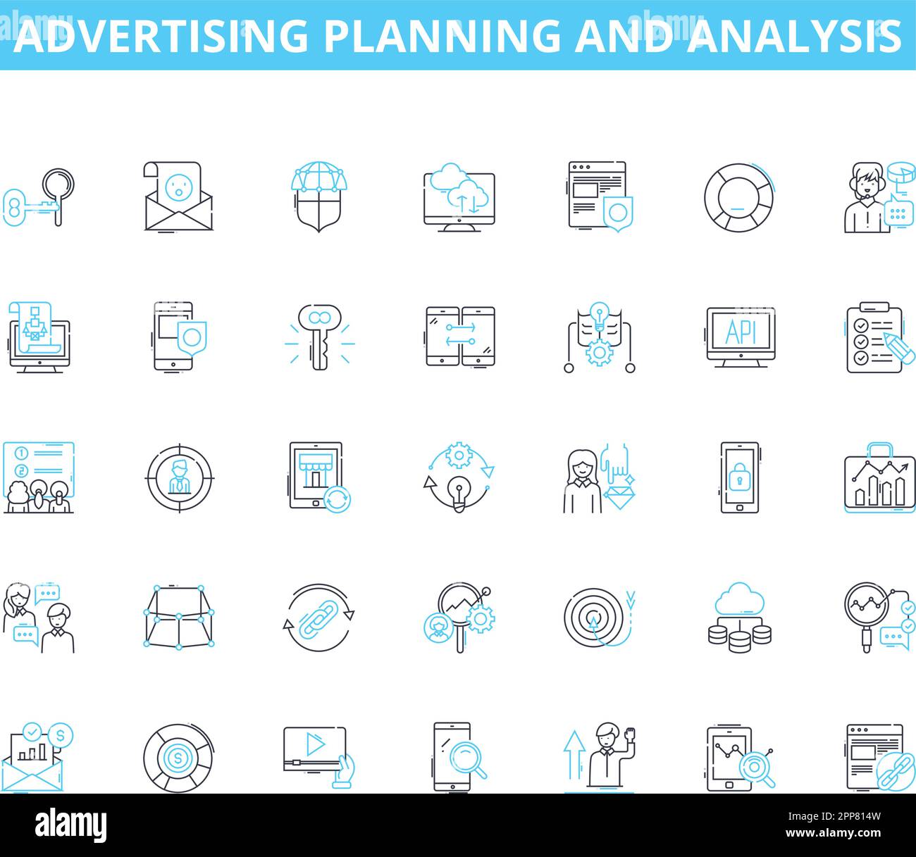 Advertising planning and analysis linear icons set. Strategy, Targeting ...