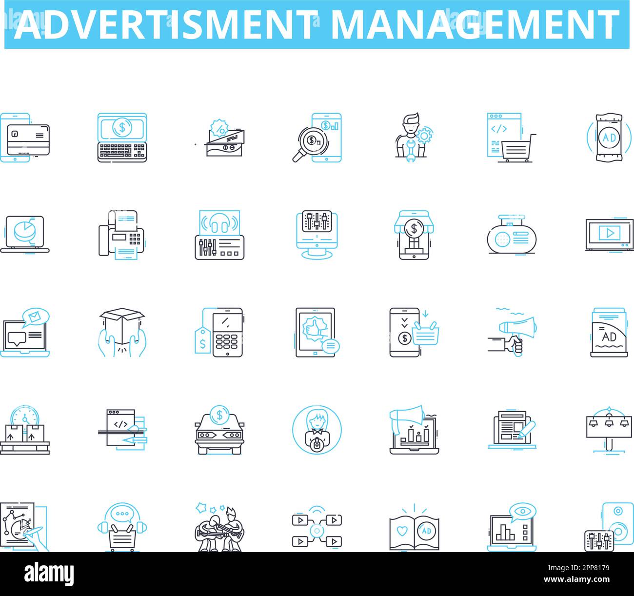 Advertisment management linear icons set. Advertising, Strategy ...