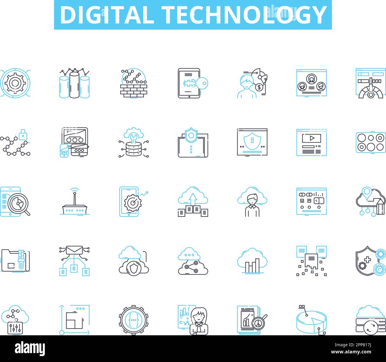 Digital Technology Linear Icons Set Internet Social Media Cloud Big Data Analytics