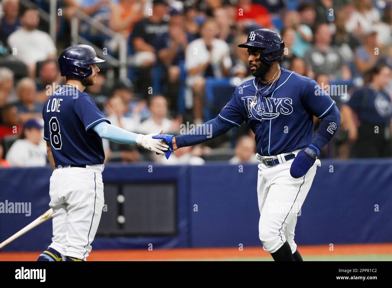 Tampa Bay Rays' Yandy Diaz, right, celebrates with Brandon Lowe after ...