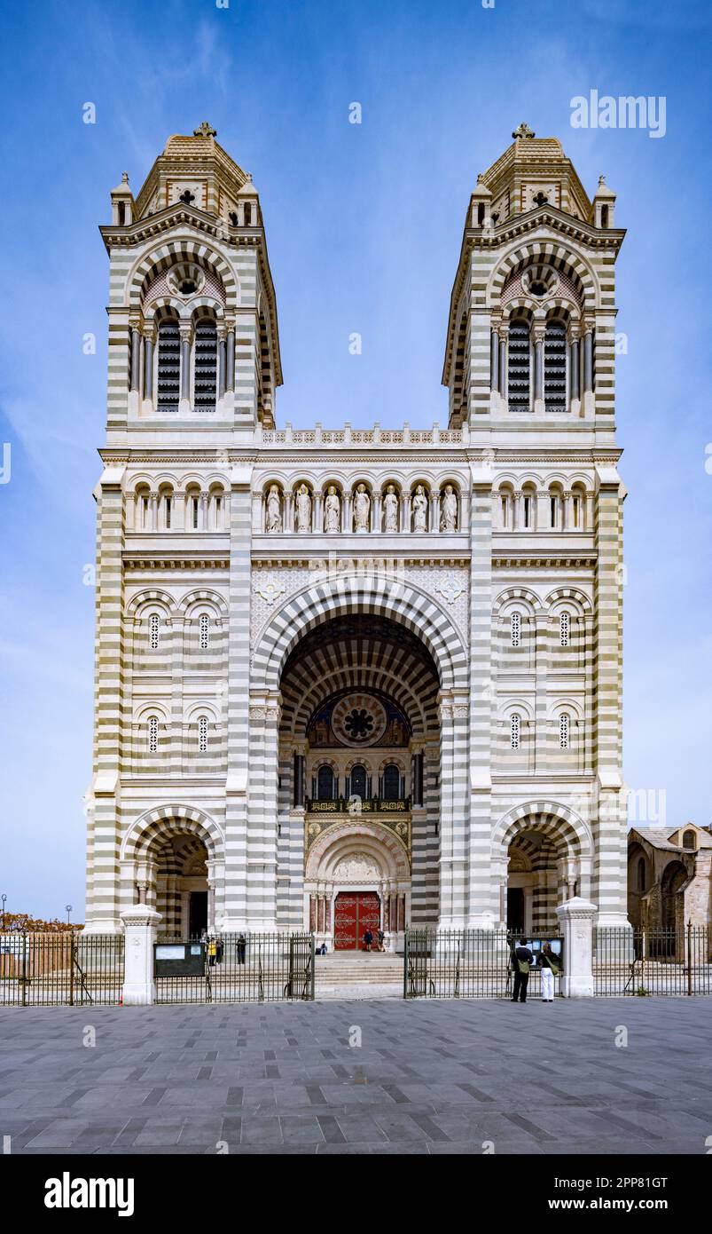 exterior facade, Byzantine style Marseille Cathedral, Marseille, France ...