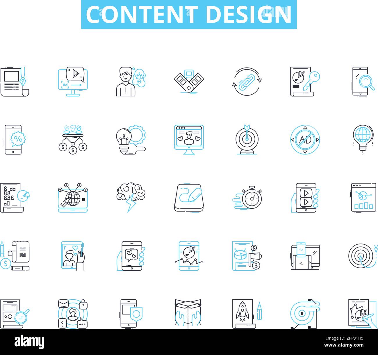 Content design linear icons set. Strategy, Branding, Messaging ...