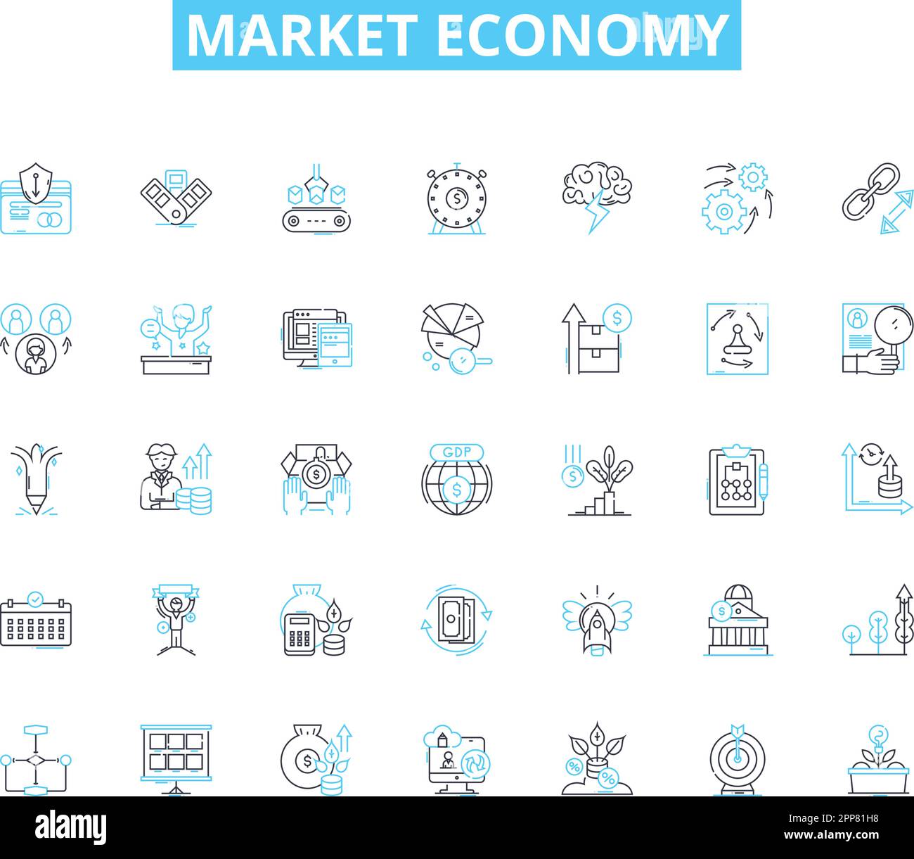 Market economy linear icons set. Profit, Competition, Demand, Supply ...