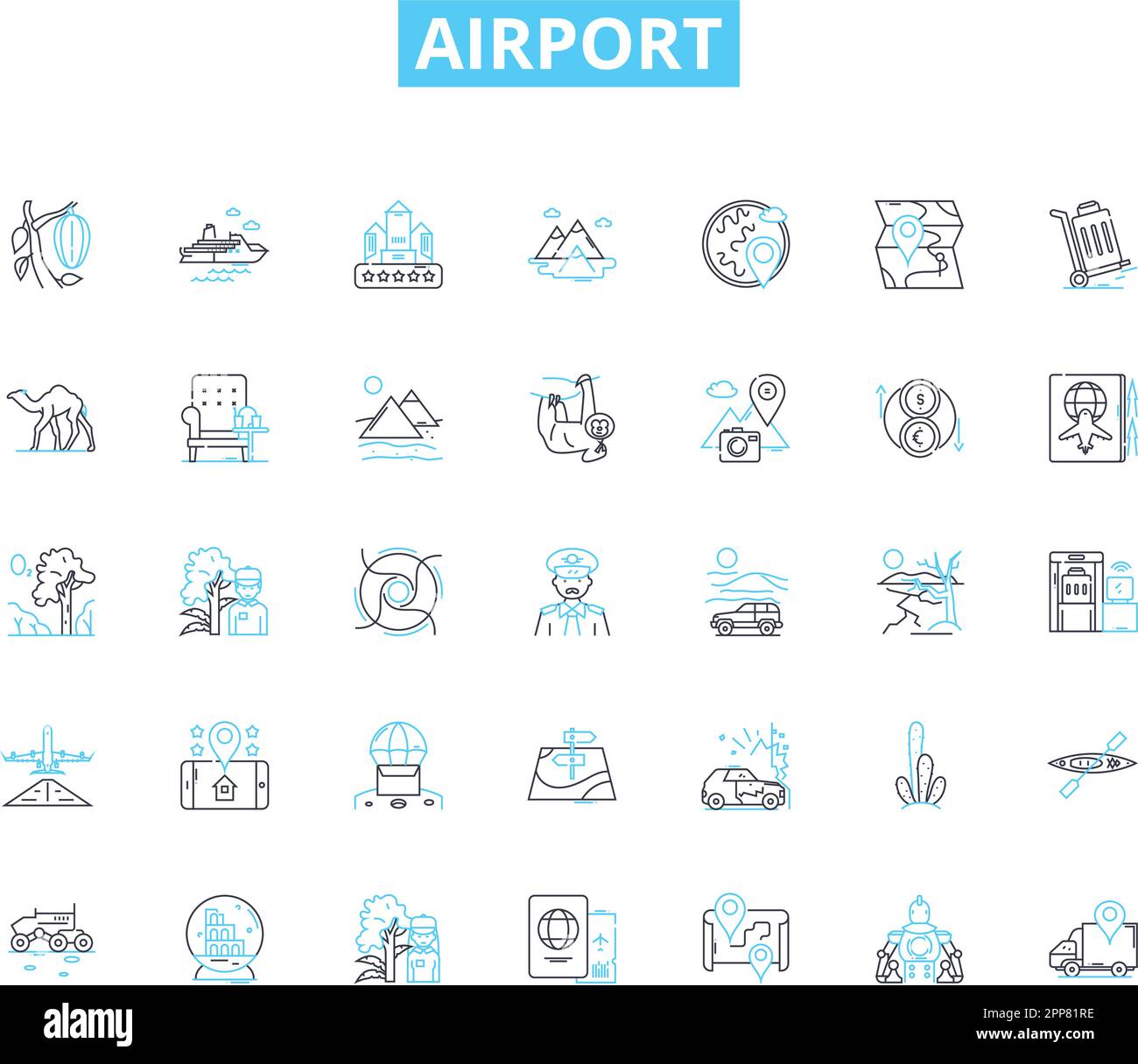 Airport linear icons set. Departure, Arrival, Security, Baggage ...