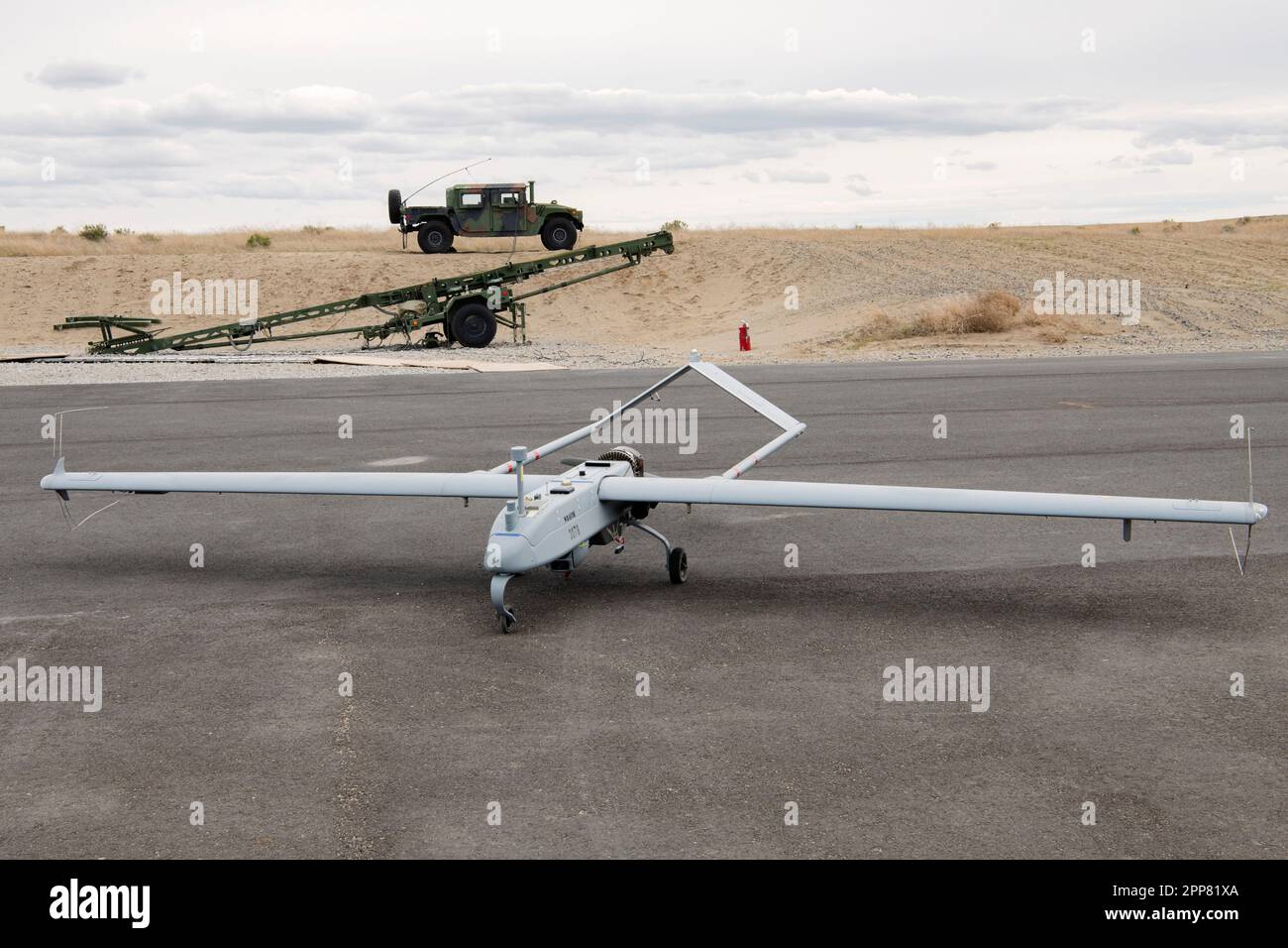 A RQ-7B Shadow Tactical Unmanned Aircraft System is displayed after ...