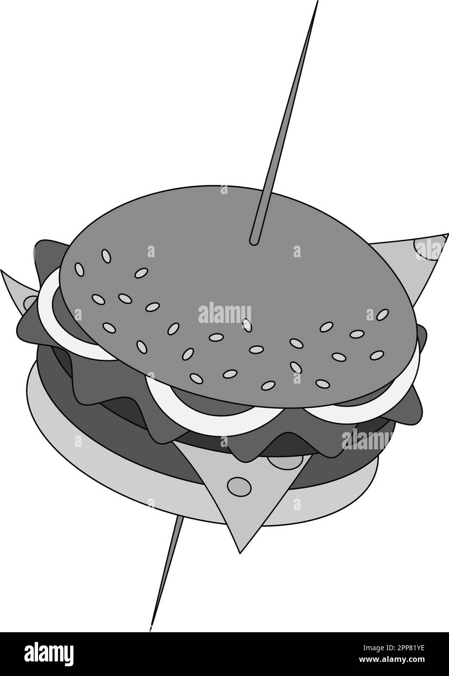 American burger on a skewer with cheese and onion rings and lettuce in ...