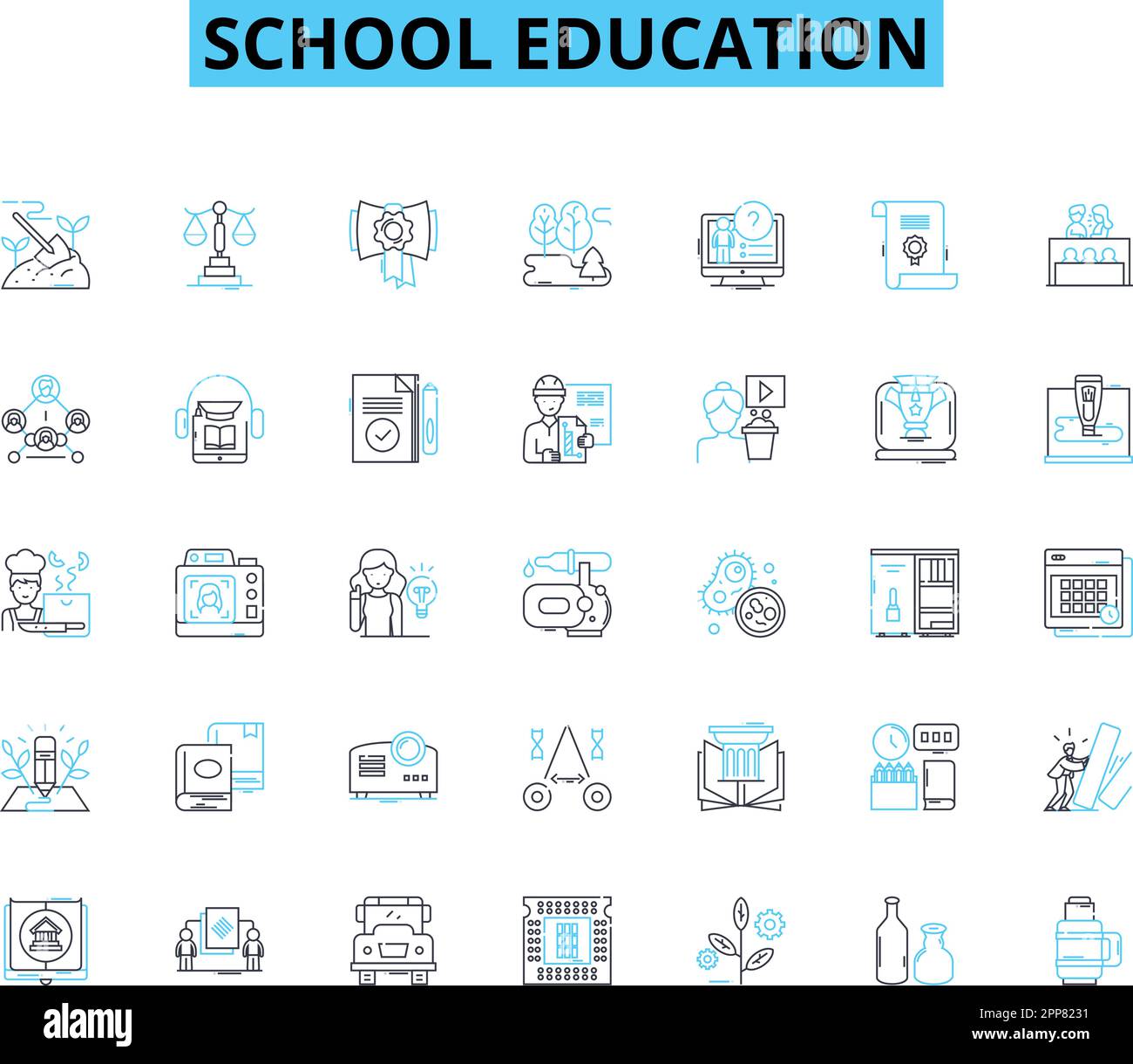School education linear icons set. Learning, Curriculum, Homework, Attendance, Achievement ...
