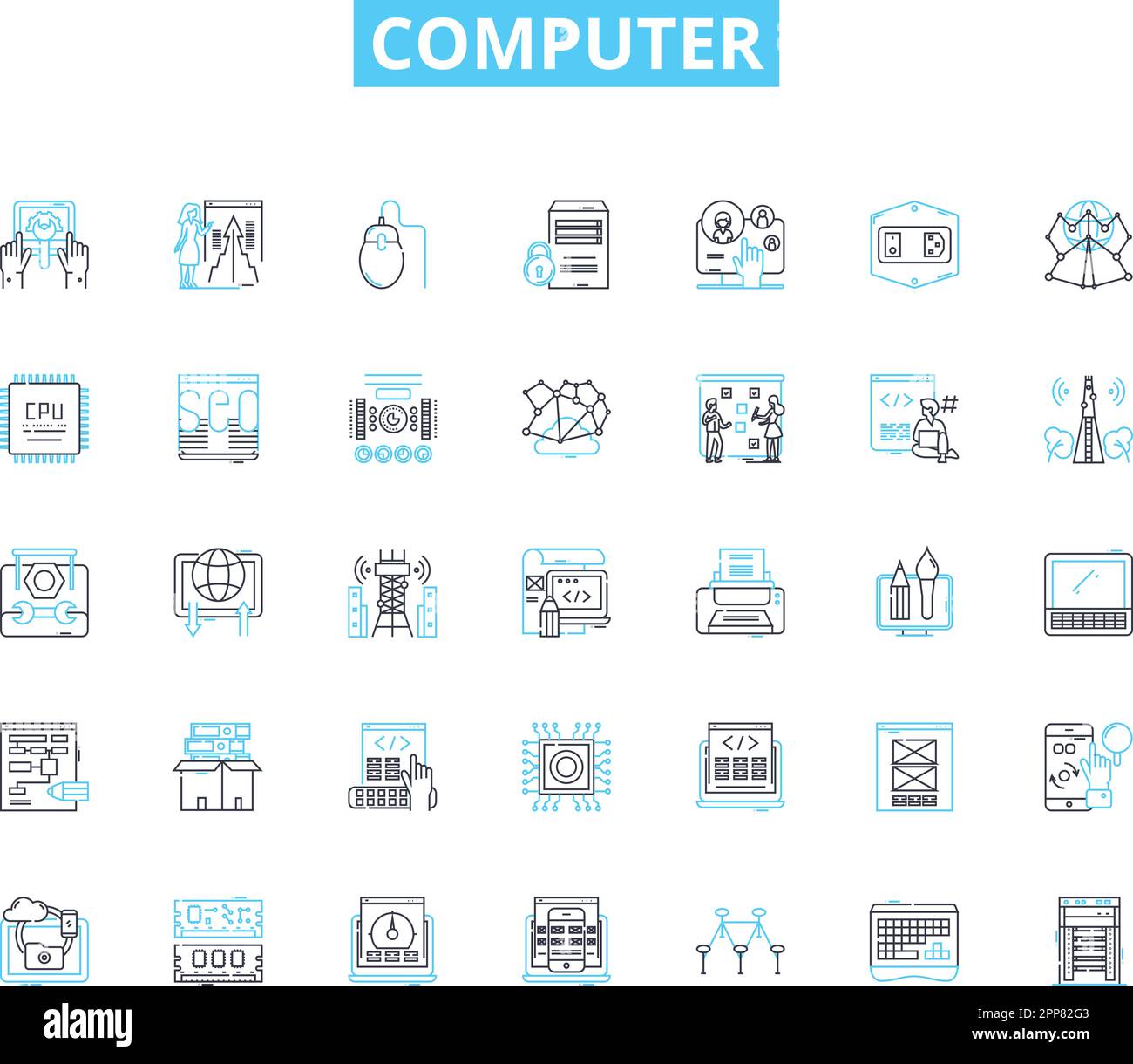 Computer linear icons set. Keyboard, Screen, Mouse, Software, Hardware, Processor, Memory line ...