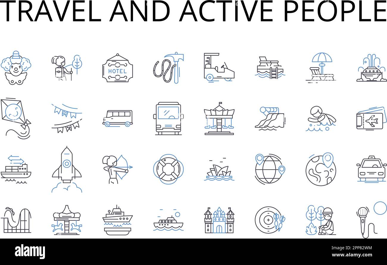 Travel and active people line icons collection. Adventure seekers, Jet ...