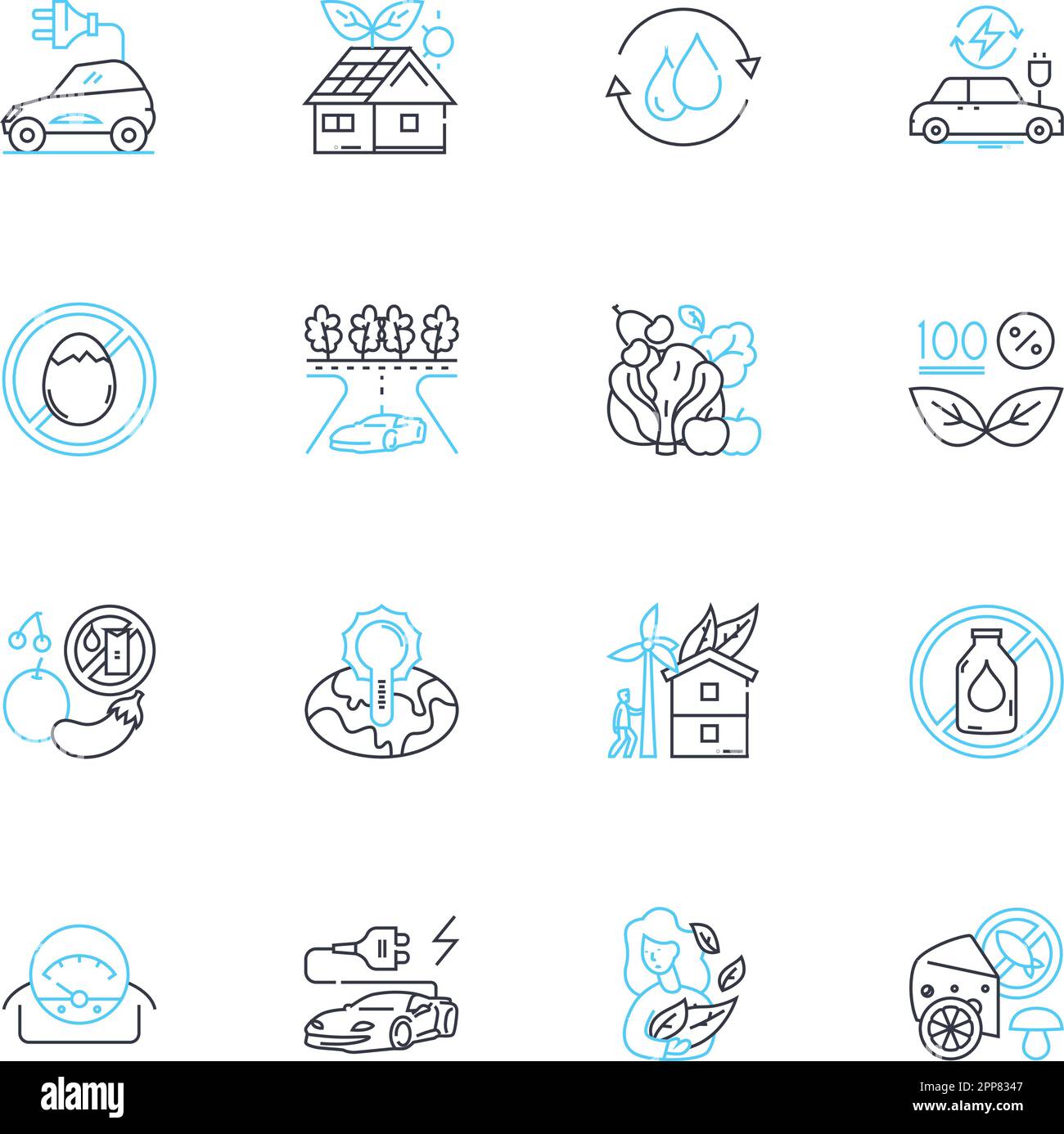 Sustainable energy linear icons set. Solar, Wind, Hydro, Biofuel, Geothermal, Biomass, Electric ...