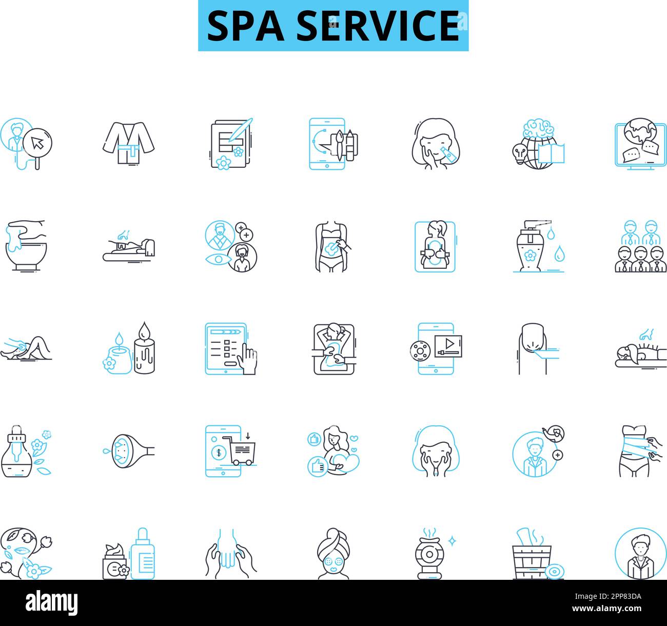 Spa service linear icons set. Relaxation, Pampering, Rejuvenation, Serenity, Therapy, Bliss ...