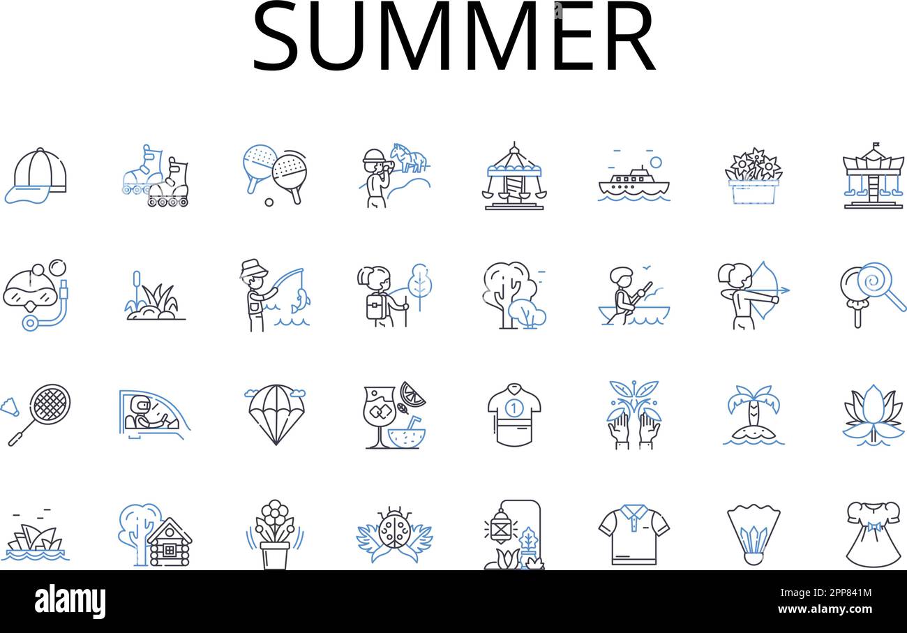 Summer line icons collection. Heatwave, Sunshine, High temps, Beach ...