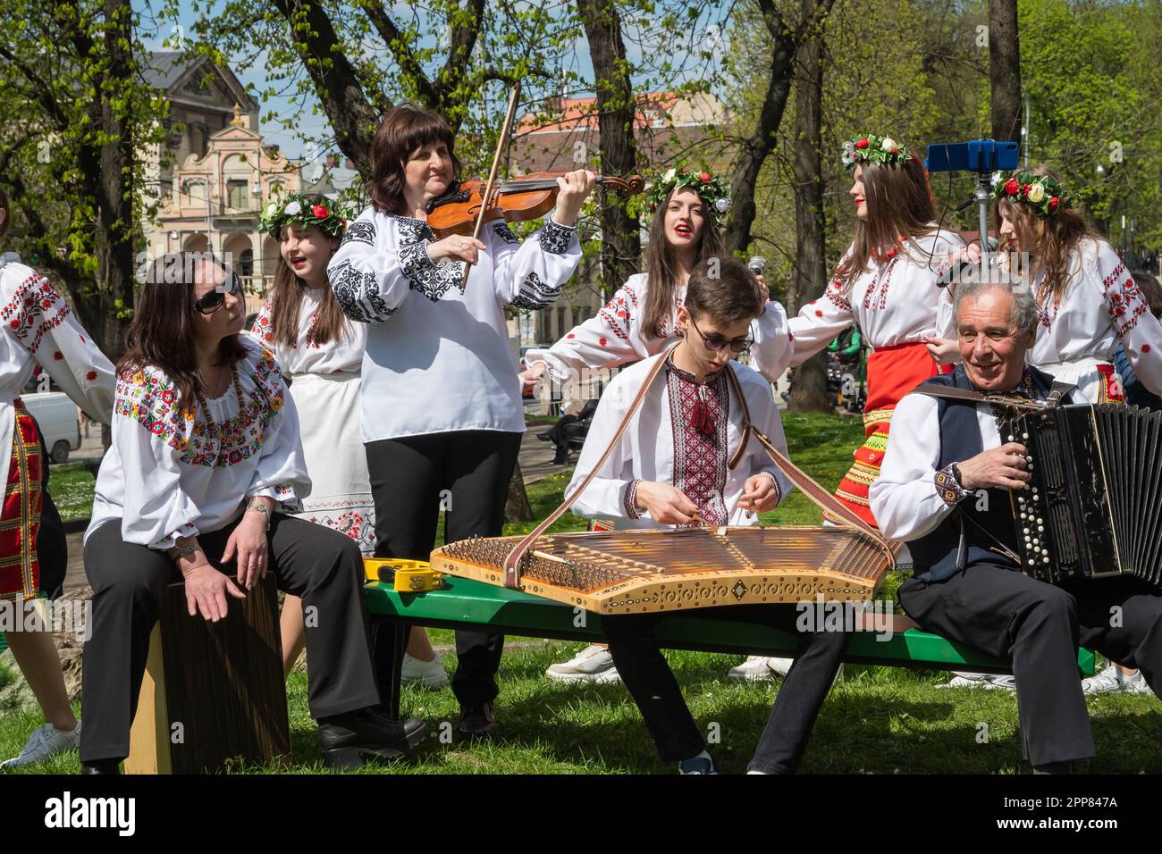Lviv, Ukraine. 21st Apr, 2023. Musicians in national Ukrainian clothes ...