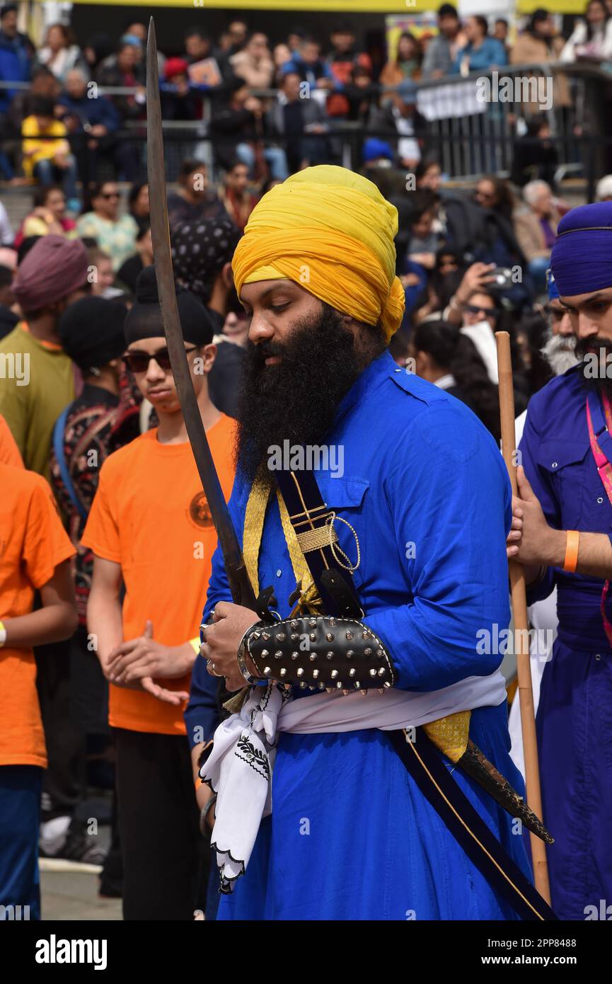 London, England, UK. 22nd Apr, 2023. Performers of the Sikh martial art ...