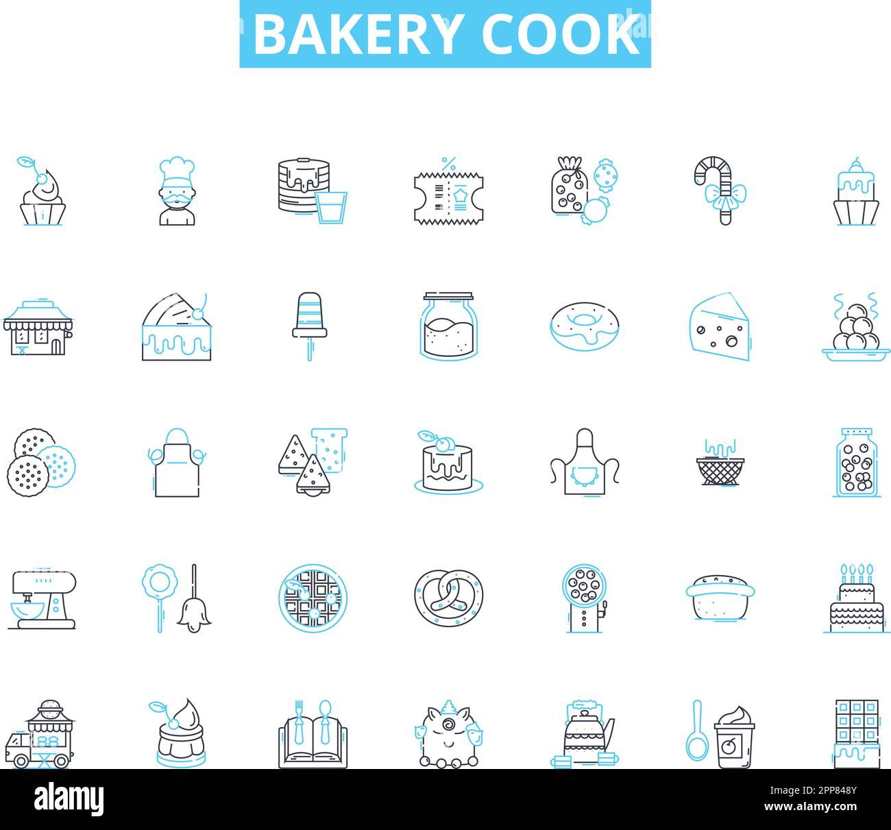 Bakery cook linear icons set. Dough, Yeast, Flour, Oven, Whisk, Piping, Mixing line vector and ...