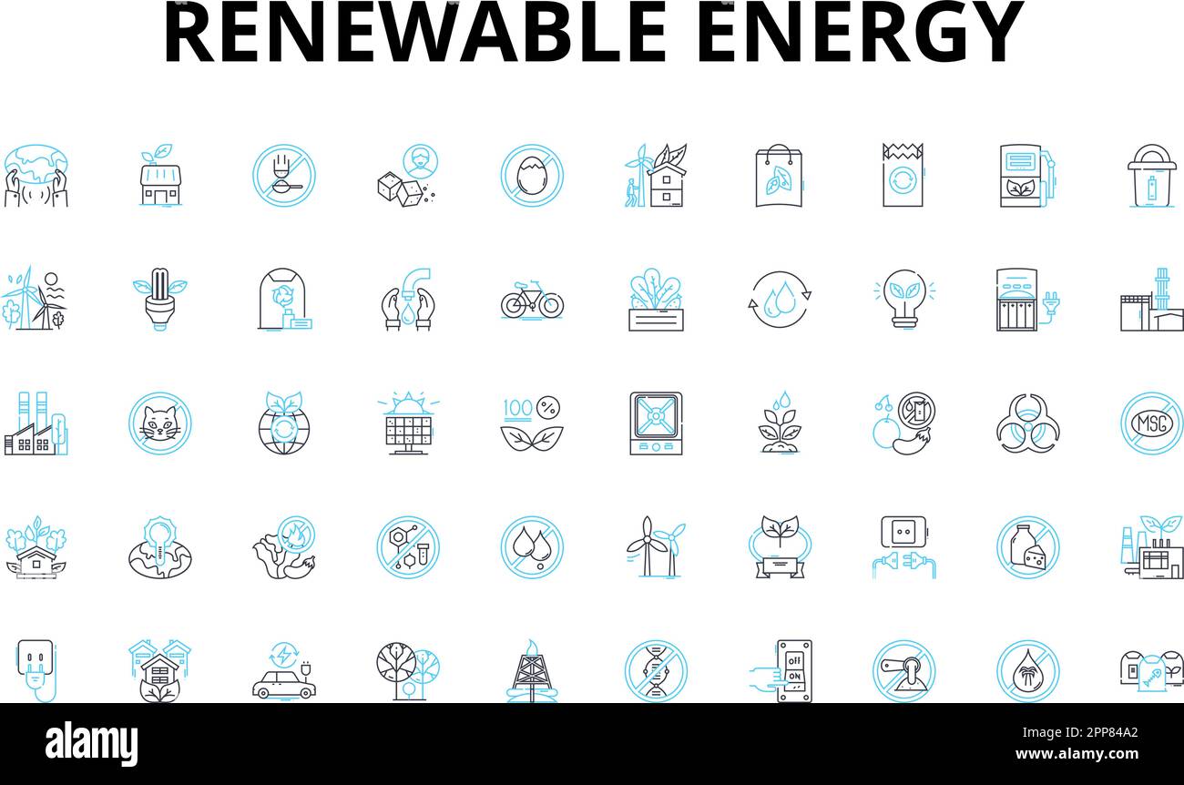 Renewable energy linear icons set. Solar, Wind, Hydro, Geothermal ...