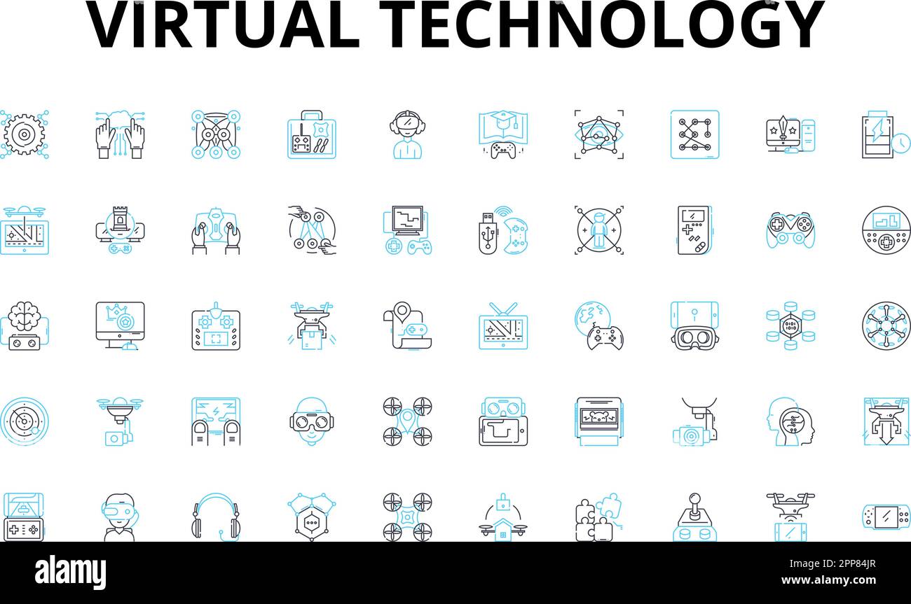 Virtual technology linear icons set. Immersive, Digital, Augmented, Cyber, Virtuality, Simulated ...