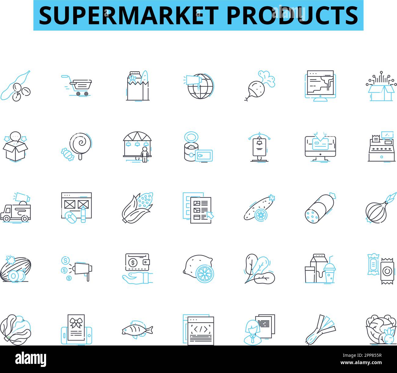 Supermarket products linear icons set. Groceries, Produce, Dairy, Meat ...