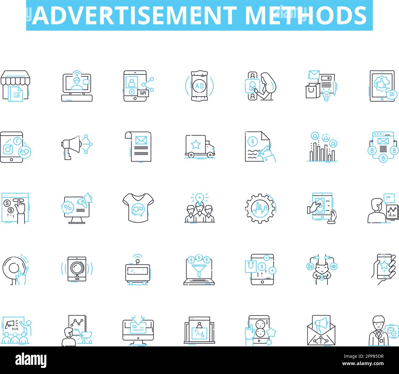 Advertisement methods linear icons set. Billboard, Banner, Print, Radio ...