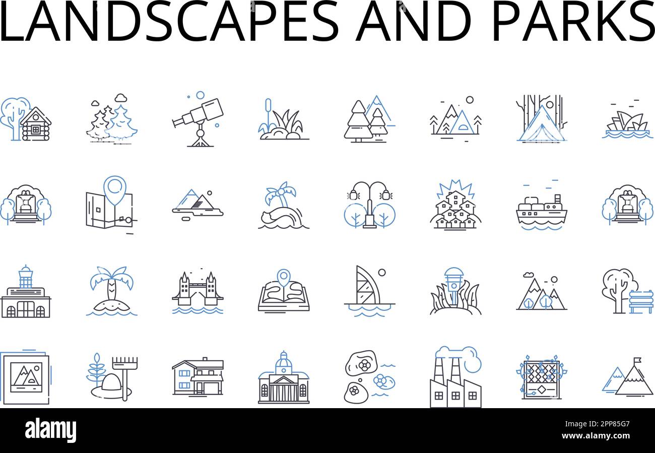Landscapes and parks line icons collection. Oceans and beaches ...