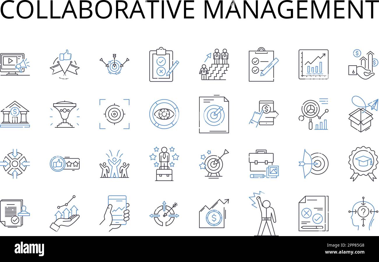 Collaborative management line icons collection. Cooperative leadership ...