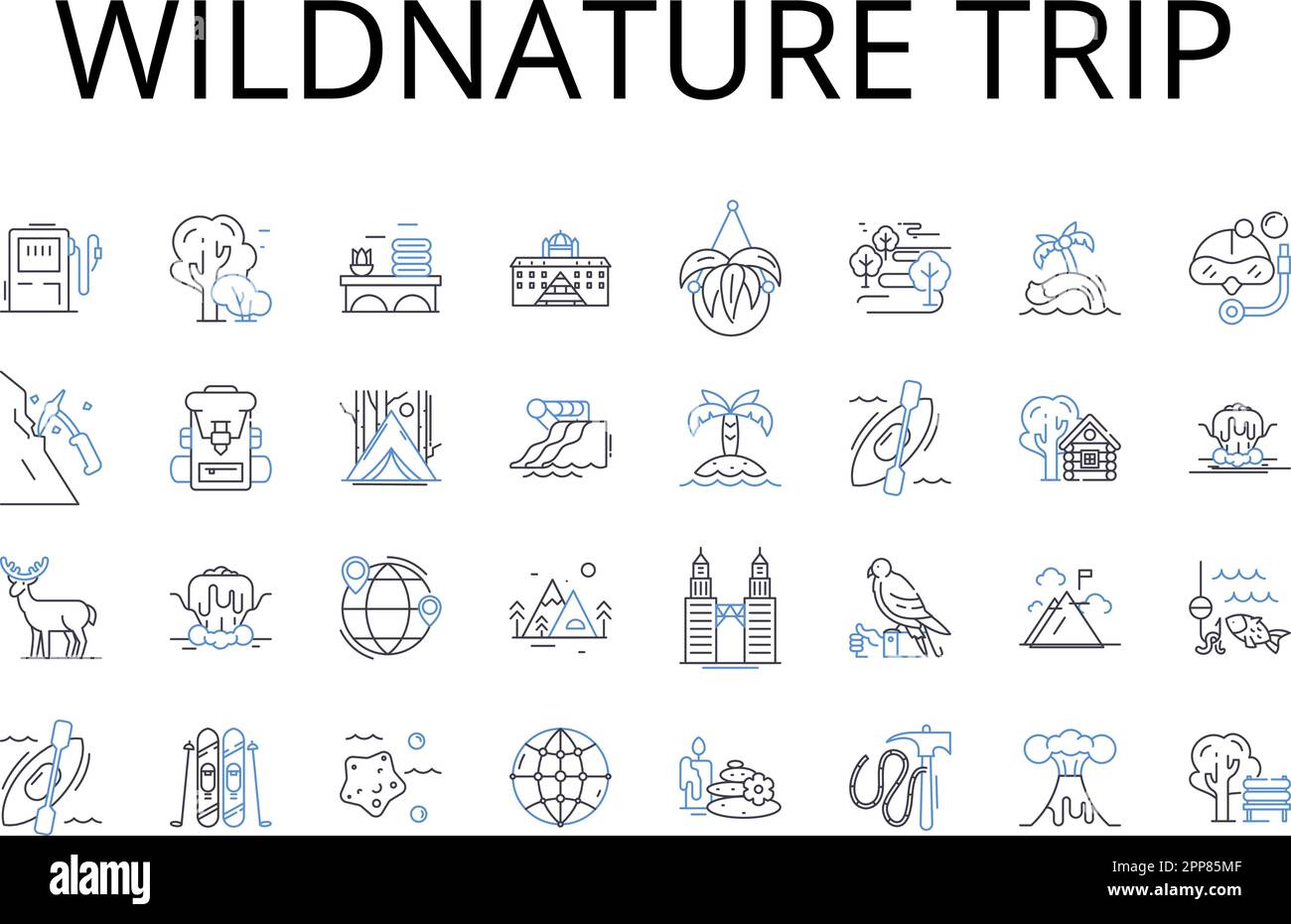 Wildnature trip line icons collection. Grand adventure, Daring endeavor ...