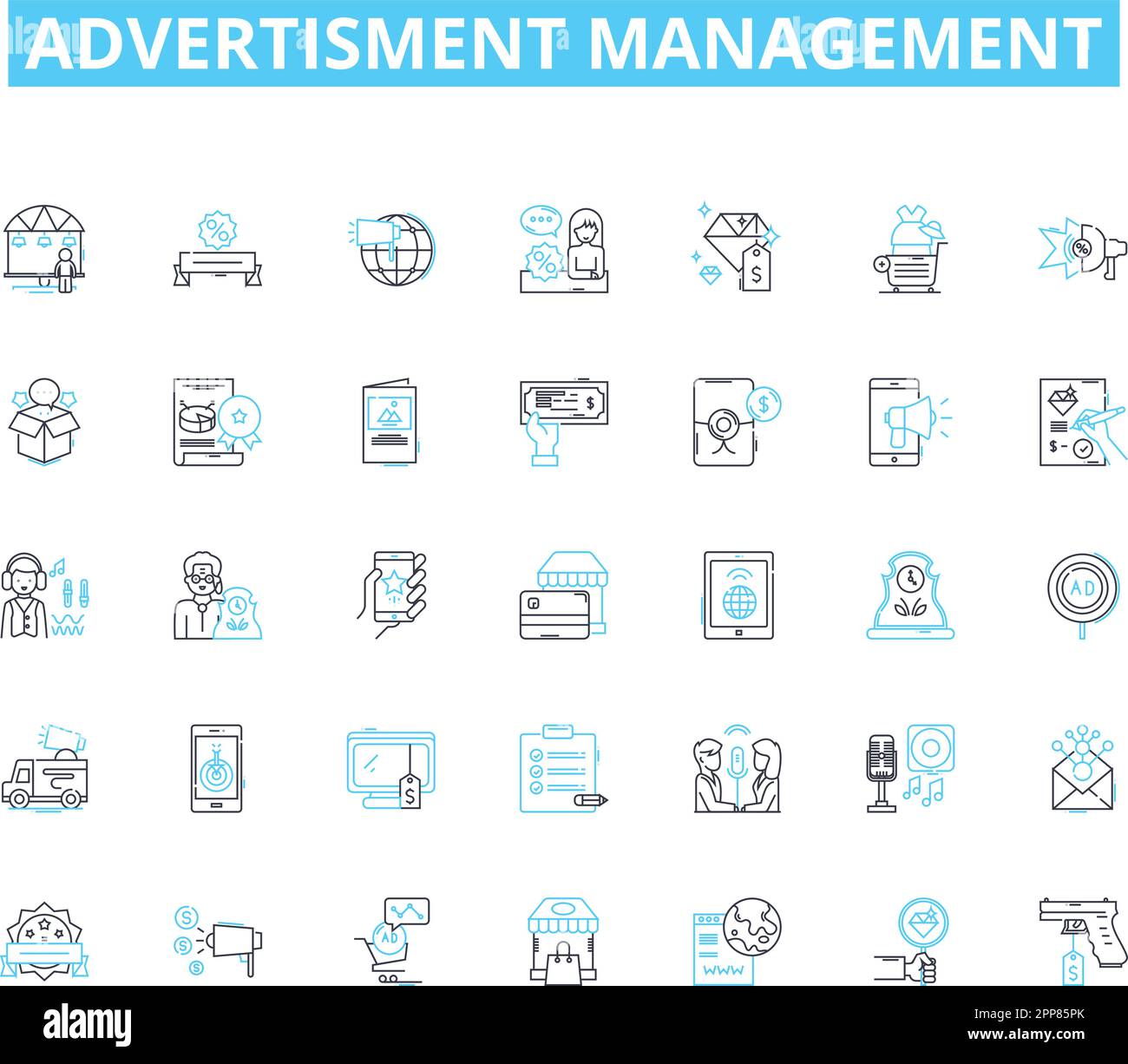 Advertisment management linear icons set. Advertising, Strategy ...