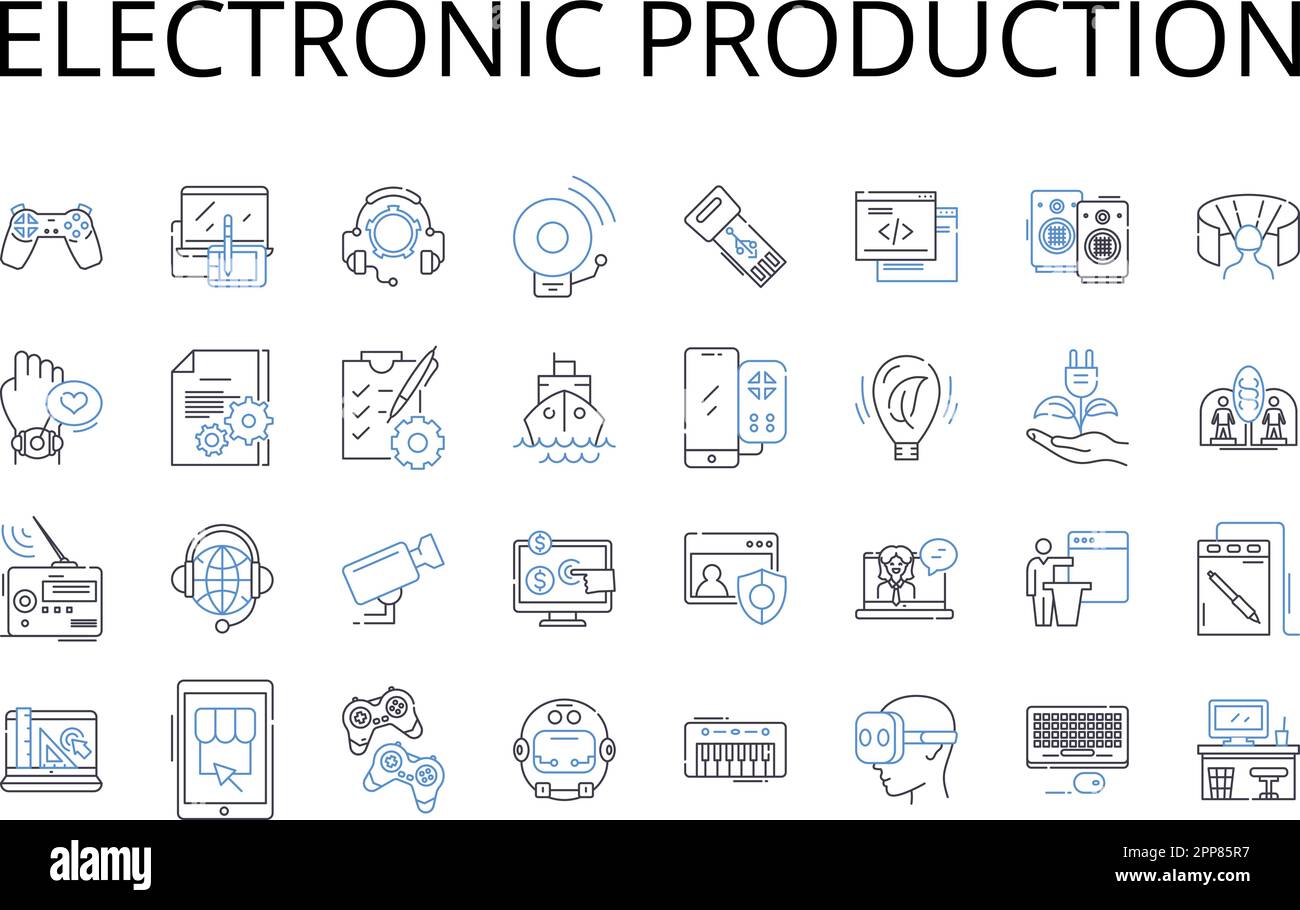 Electronic production line icons collection. Computer manufacturing ...