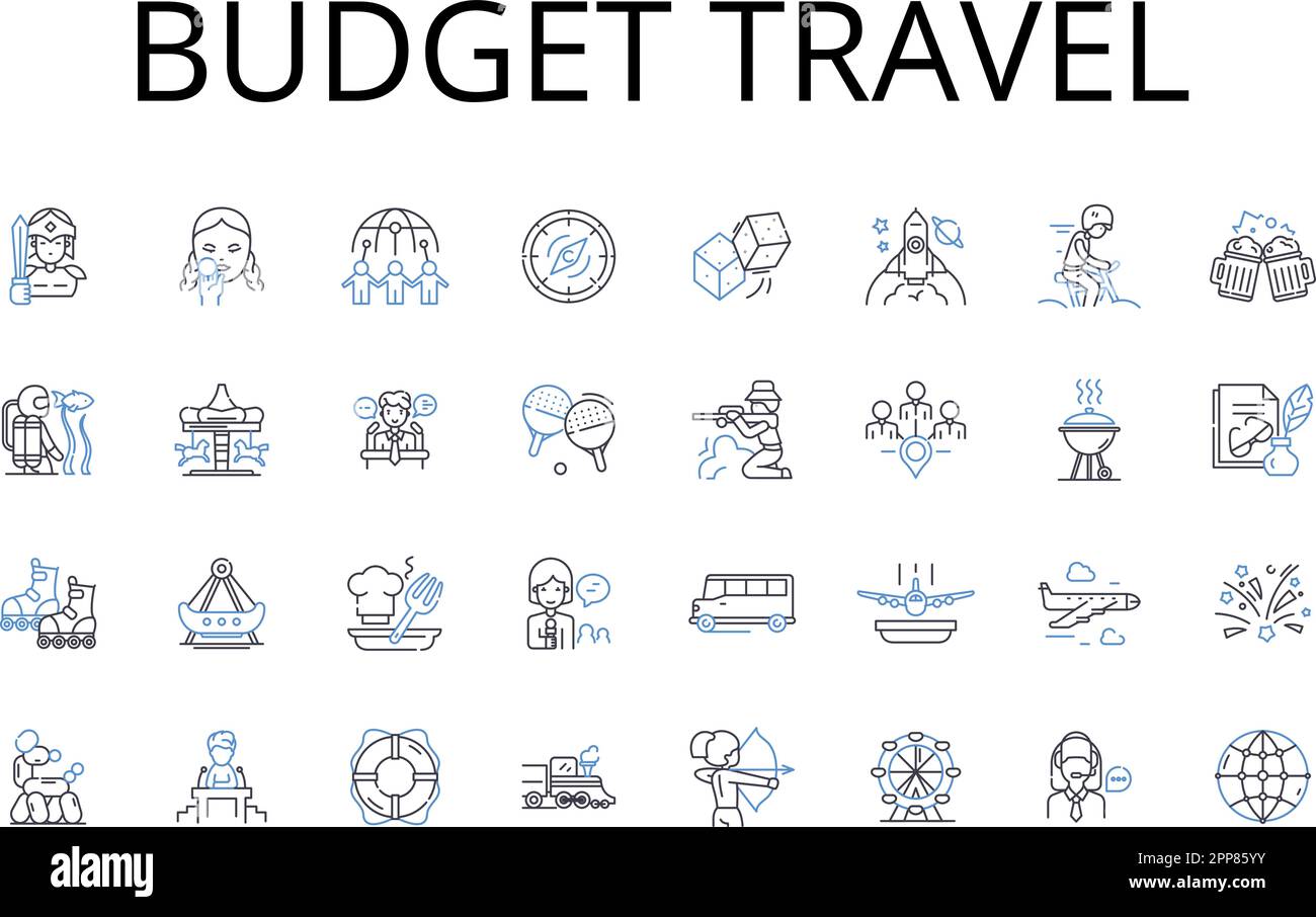 Budget travel line icons collection. Eco-tourism, Boutique hotel, Road ...