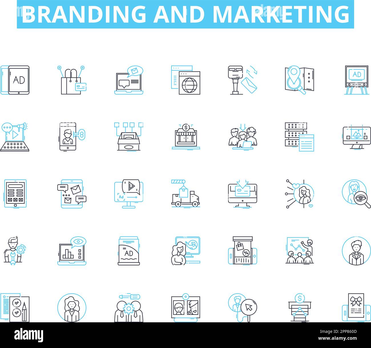 Branding and marketing linear icons set. Identity, Perception, Logo, Advertising, Positioning ...