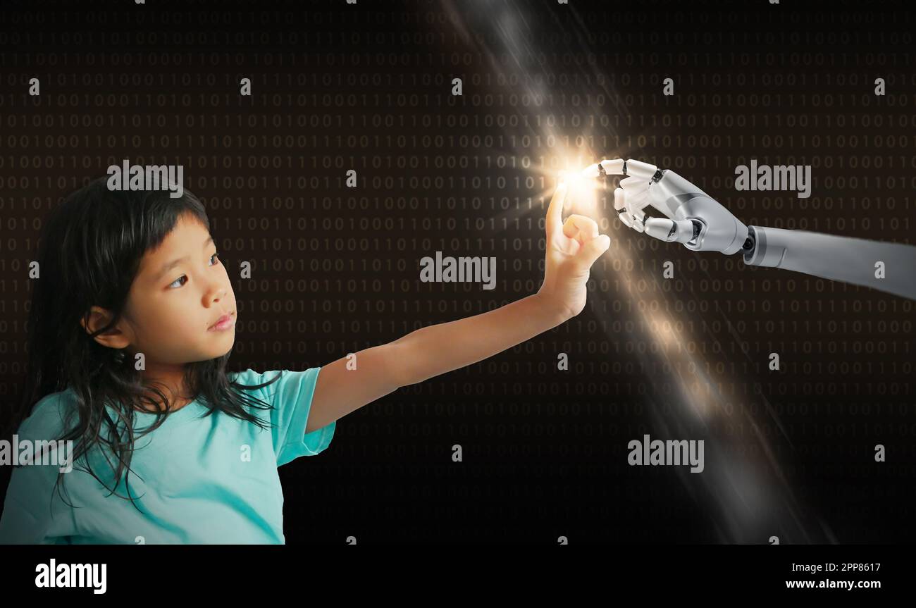 A robot and a girl's hands touch and connect on binary code background. Smart AI, Machine ...