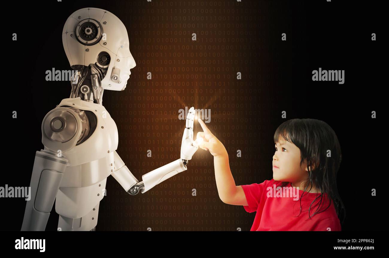 A robot and a girl's hands touch and connect on binary code background. Smart AI, Machine ...