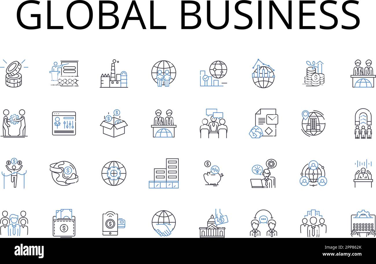 Global business line icons collection. International trade, Worldwide commerce, Global economy ...