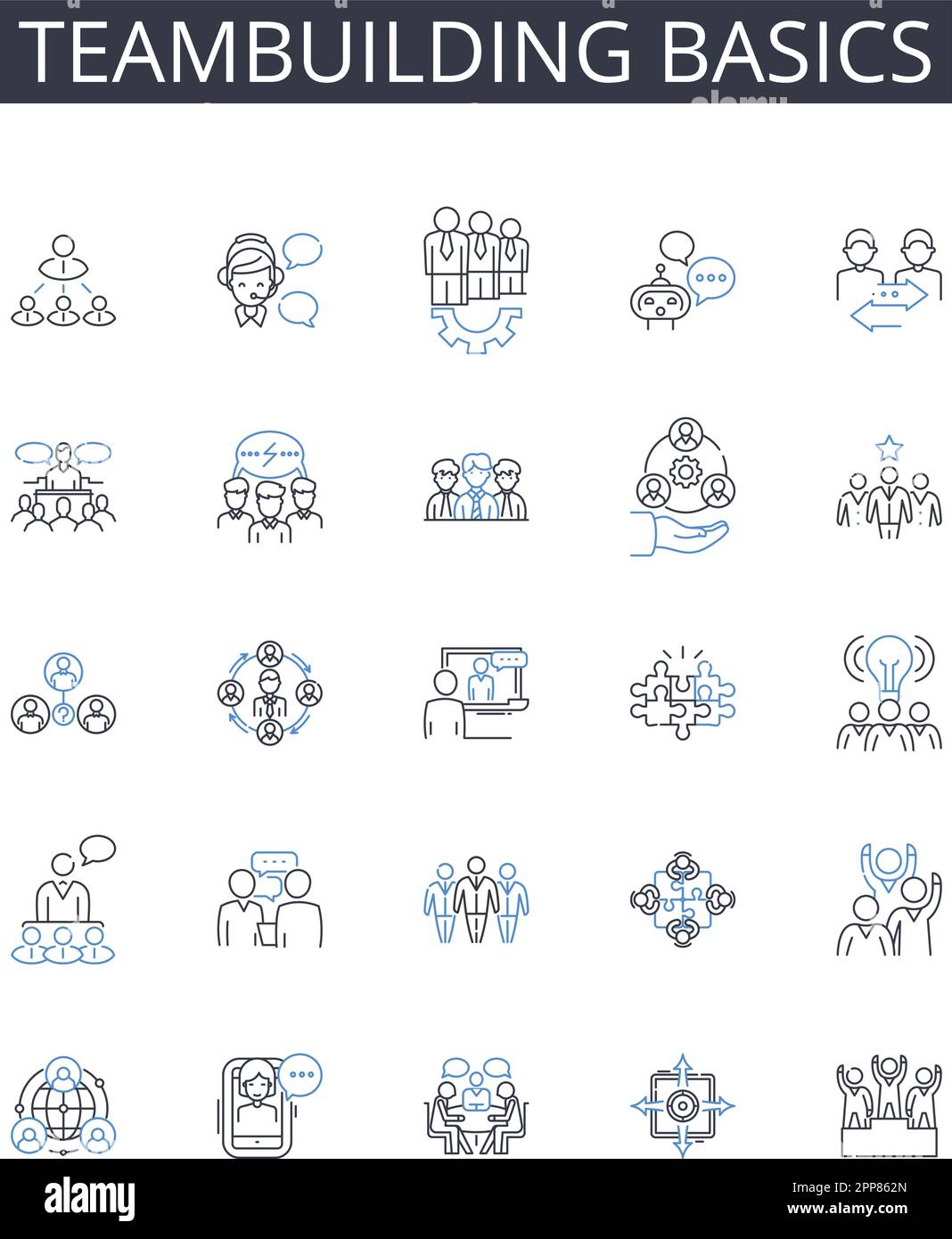 Teambuilding basics line icons collection. Leadership essentials ...