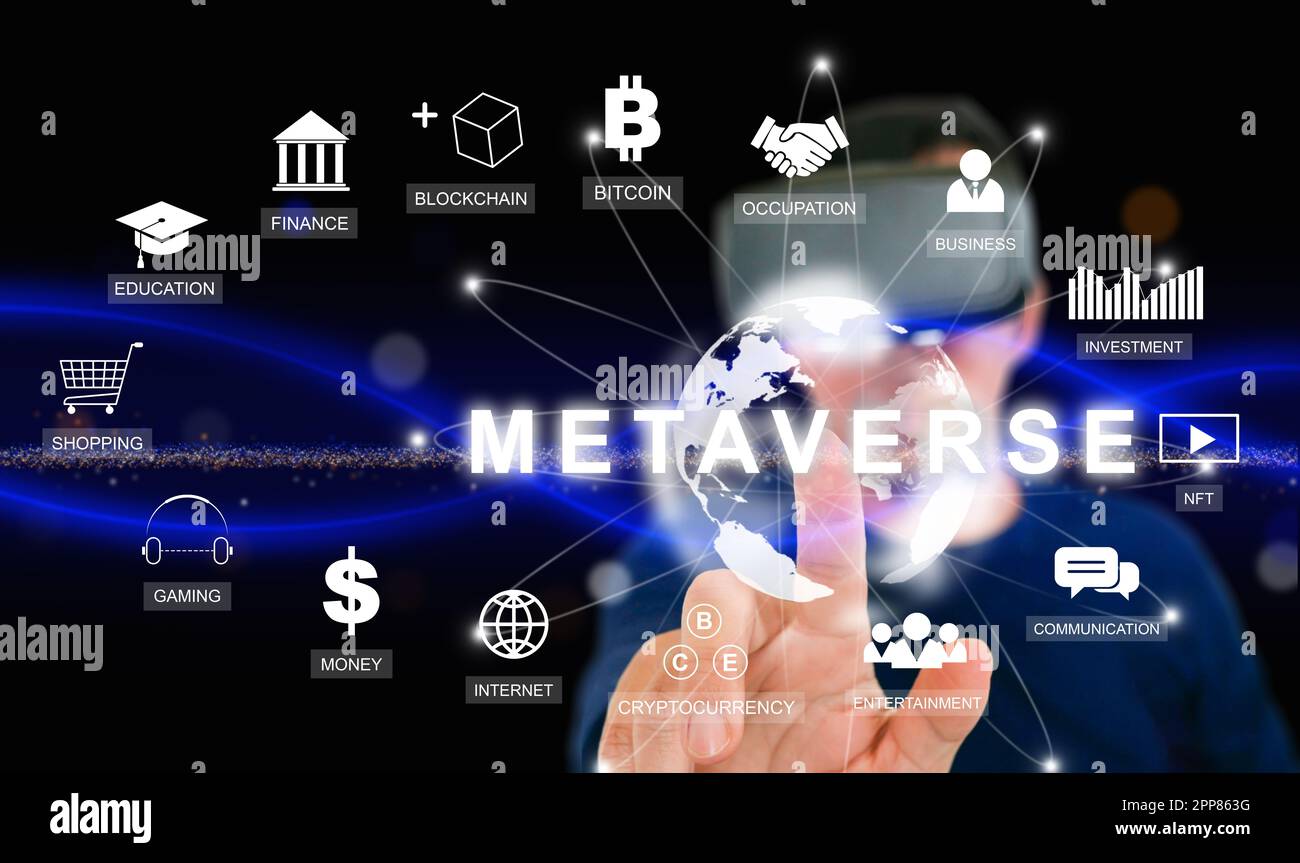 Metaverse. A man wearing VR glasses activates Metaverse with a simple ...
