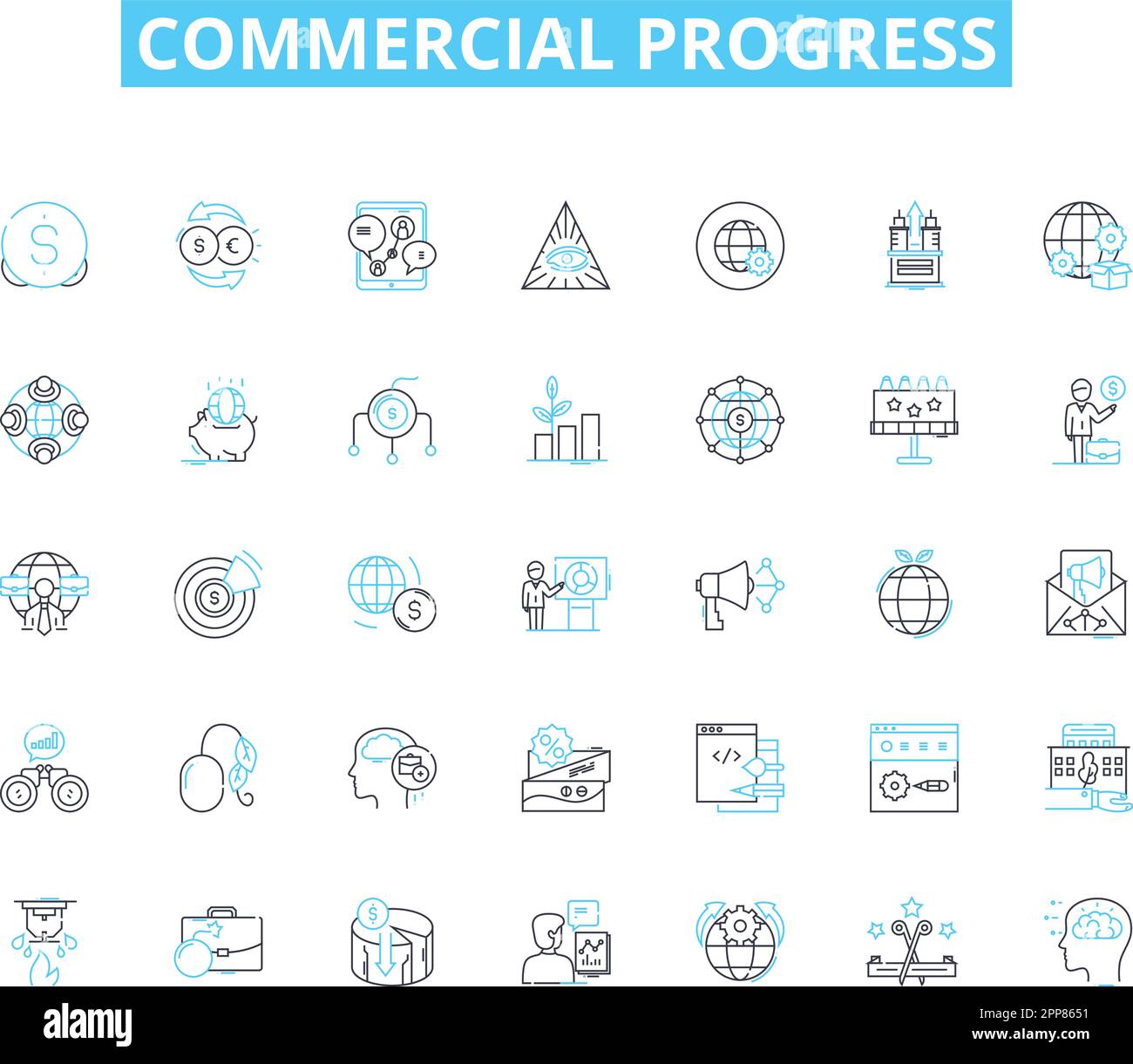 Commercial progress linear icons set. Advancement, Efficiency, Innovation, Growth, Expansion ...