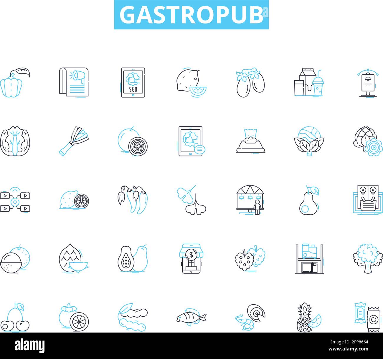 Gastropub linear icons set. Beer, Bite, Booze, Brewery, Brunch ...