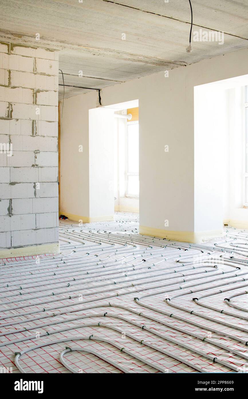 Installation of underfloor heating pipes for water heating. Heating ...