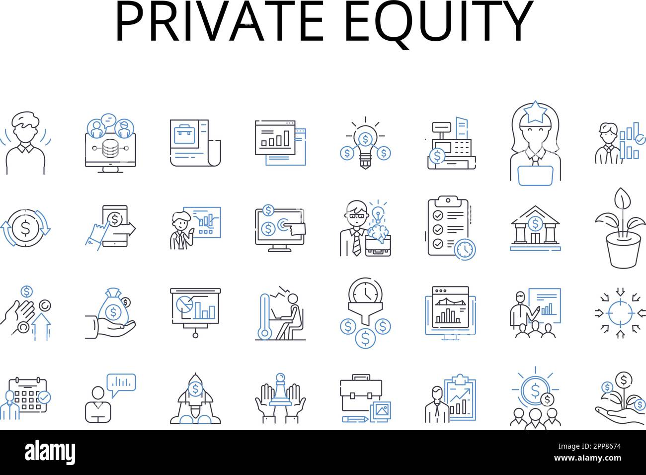 Private Equity line icons collection. Venture Capital, Hedge Fund, Equity Stake, Angel Investor ...