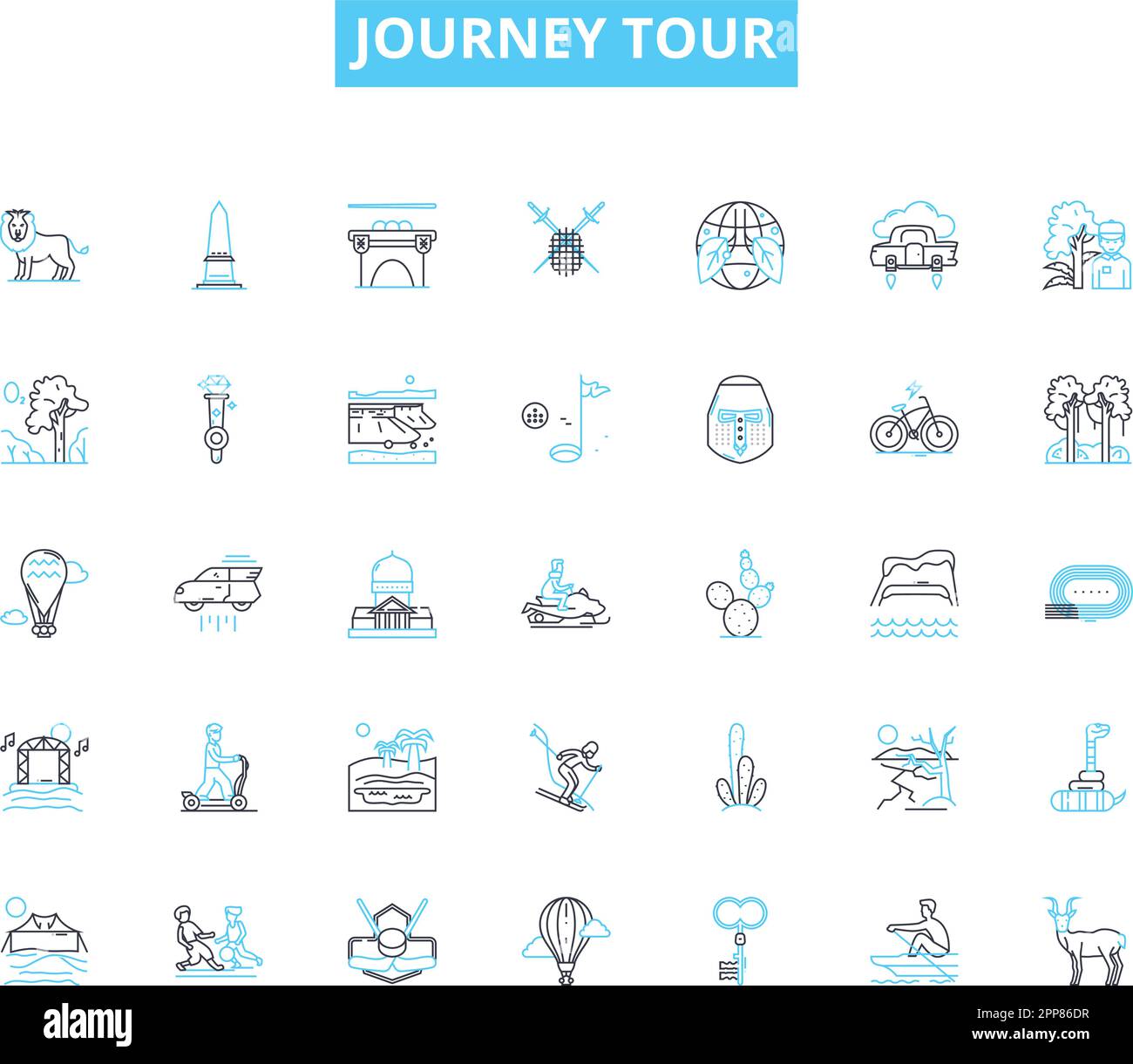 Journey tour linear icons set. Trek, Adventure, Expedition, Excursion ...