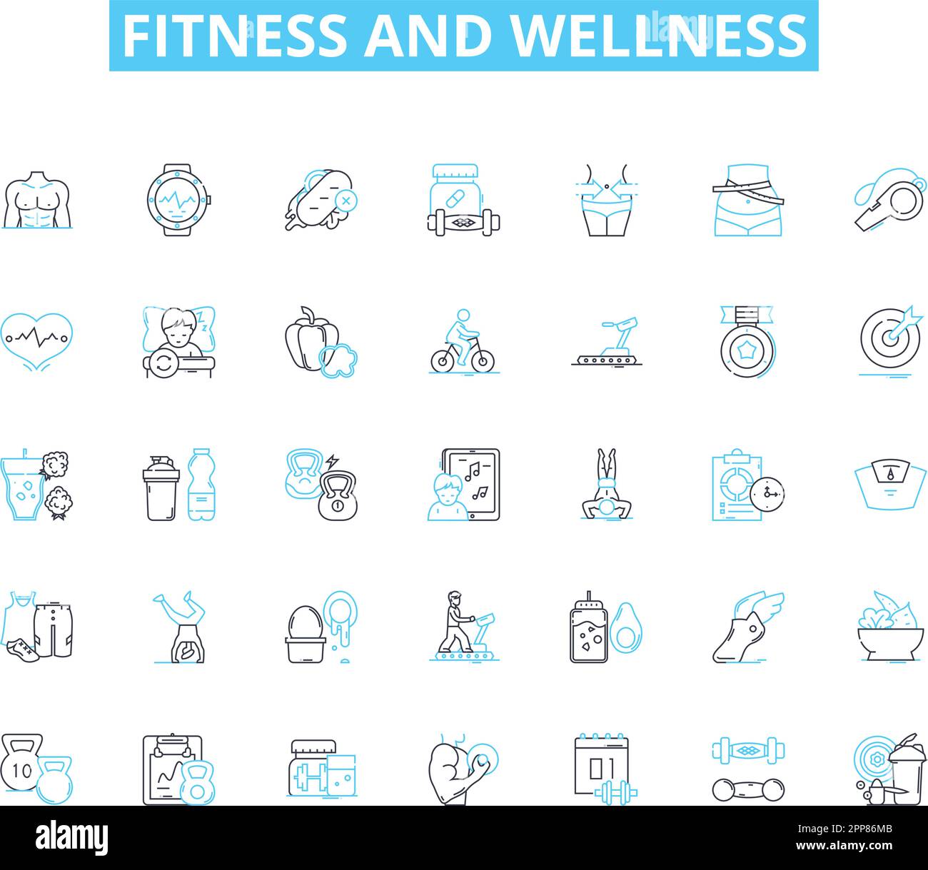 Fitness and wellness linear icons set. Exercise, Health, Strength ...