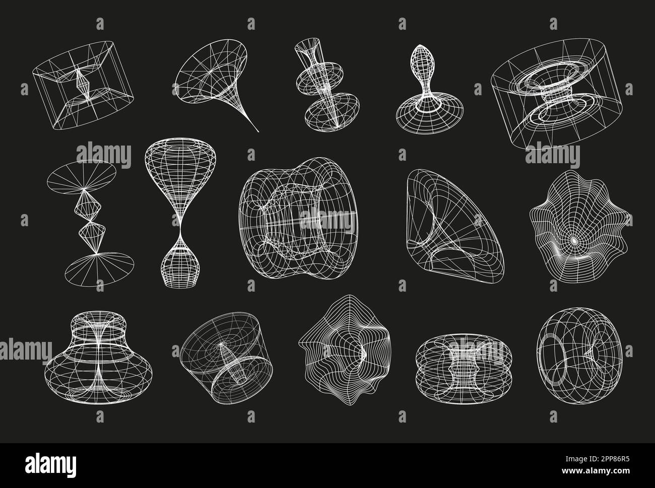 Retrofuturistic, wireframe line elements vector set. Polar grid, portals circle. Abstract ...