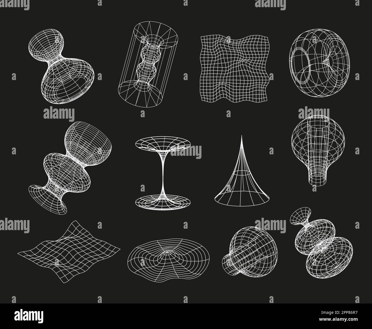 Retrofuturistic, wireframe line elements vector set. Polar grid, portals circle. Abstract ...