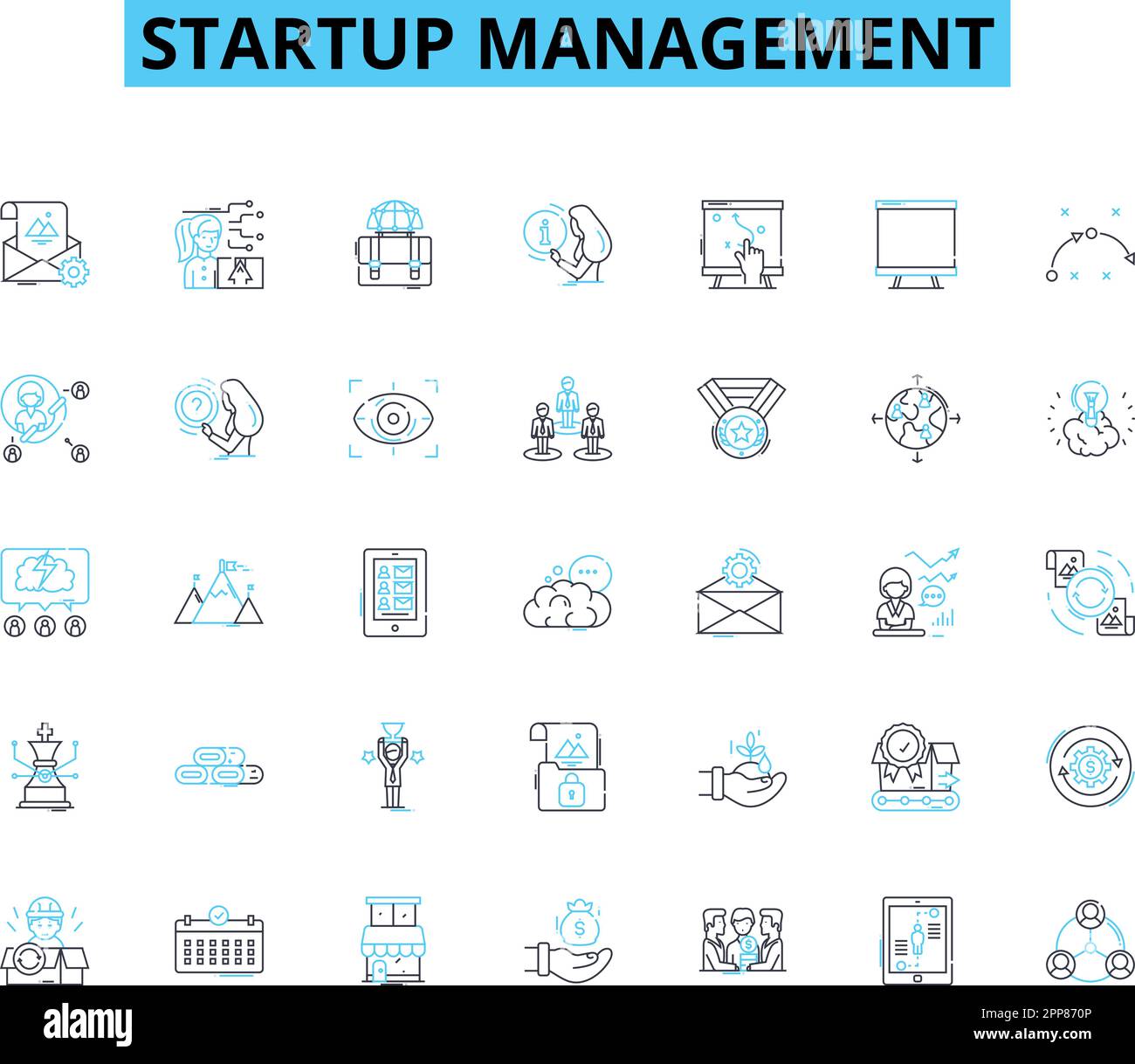 Startup management linear icons set. Innovation, Scalability, Growth, Leadership, Agility, Risk ...