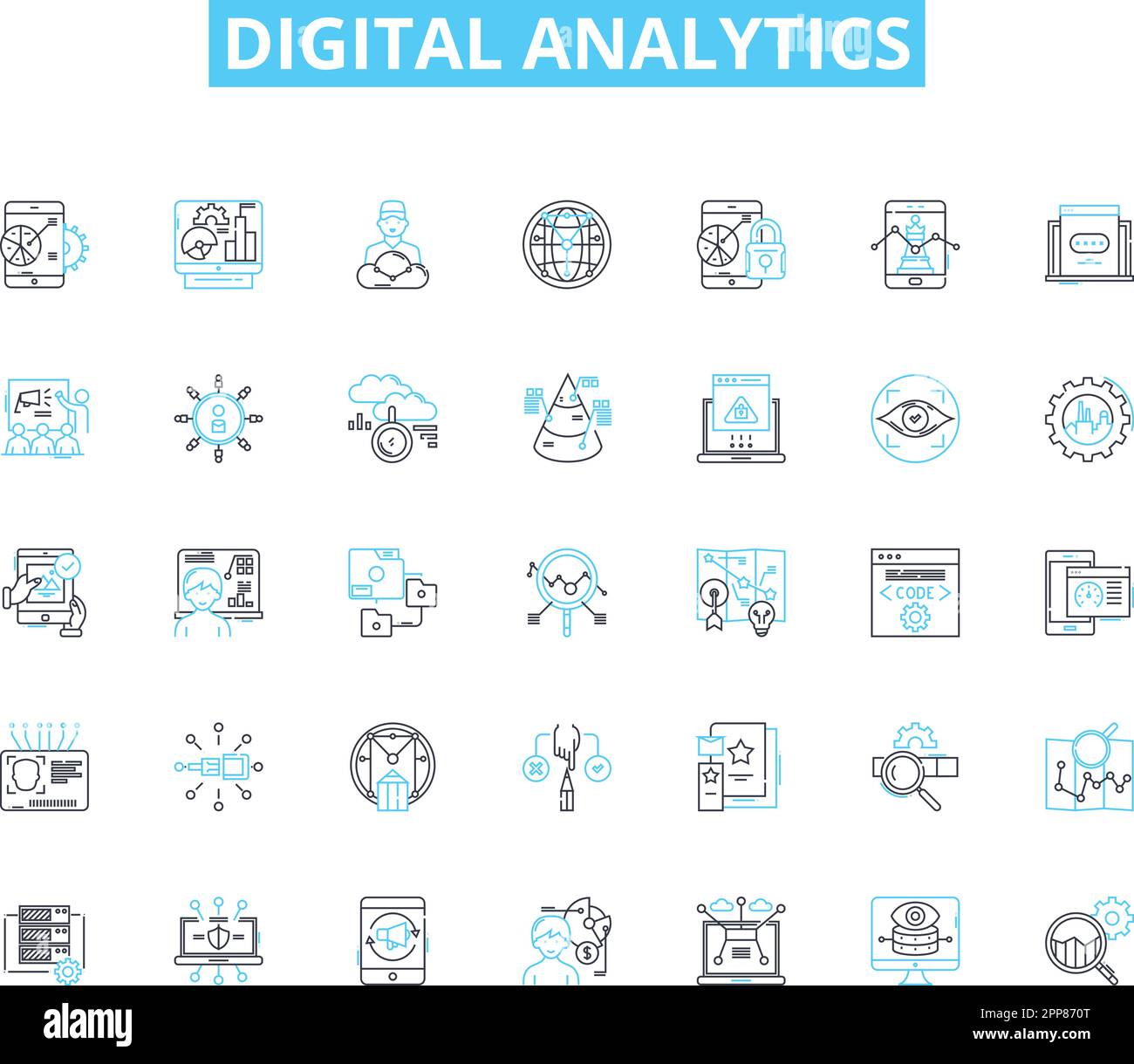 Digital analytics linear icons set. Metrics, Insights, Attribution ...