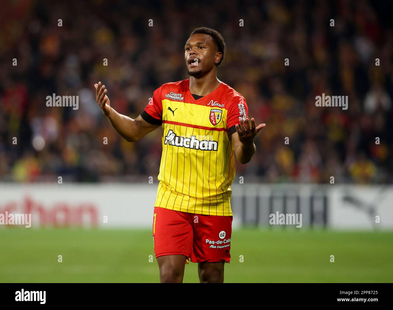 Lens, France. 22nd Apr, 2023. Lois Openda of Lens celebrates his second ...